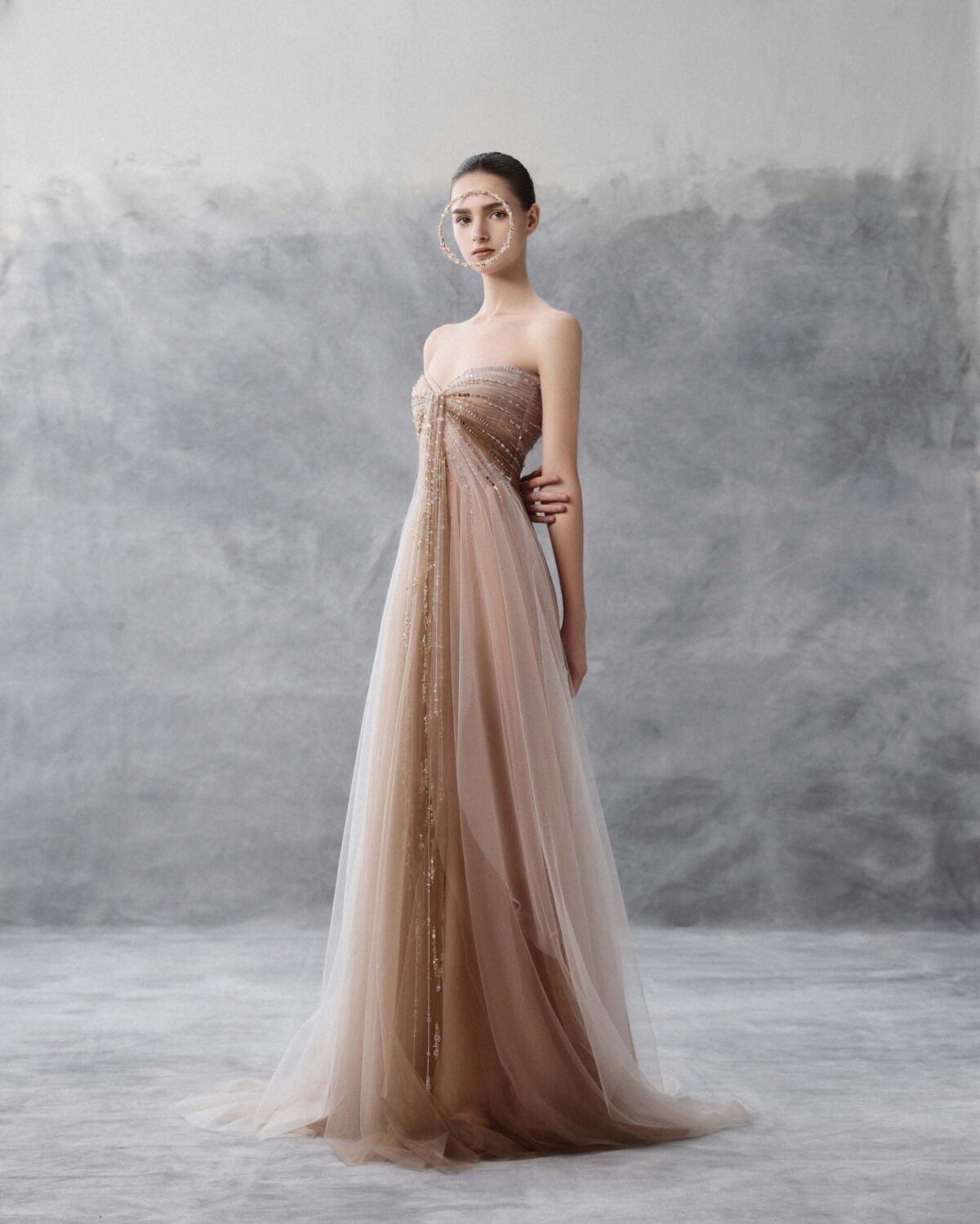 TULLE EMPIRE WAIST DRESS WITH DRAPING AND EMBELLISHMENT ON BUST, MIDDLE ...