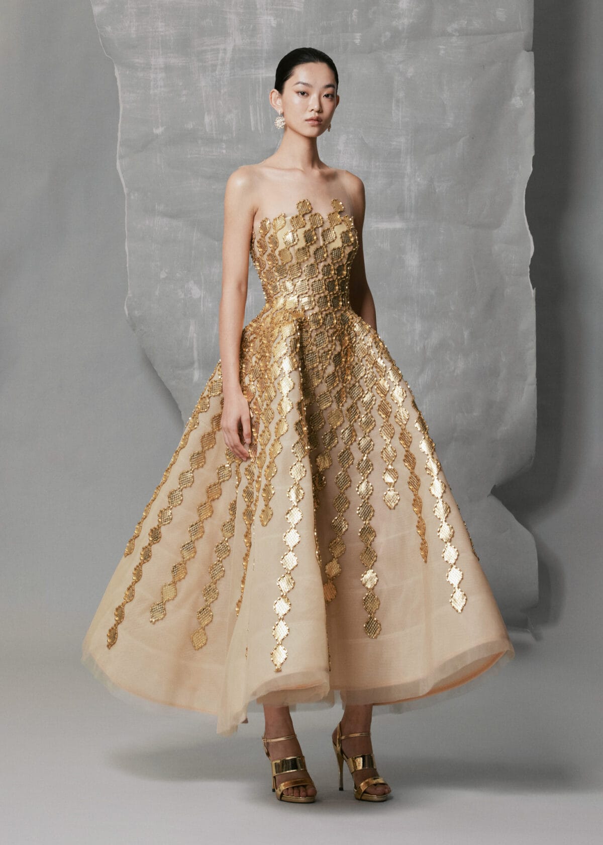 Gold Mesh Gown | Metallic Sequin A-Line Dress - Phan Huy Official
