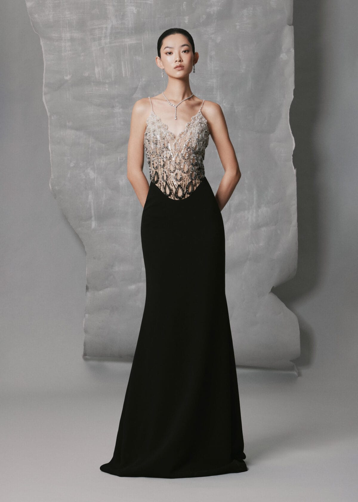 Black Silk Gown with Crystal Drop Bodice Evening Dress - Phan Huy Official