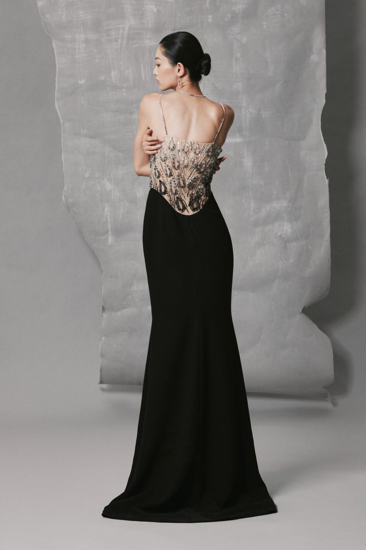 Black Silk Gown with Crystal Drop Bodice Evening Dress - Phan Huy Official