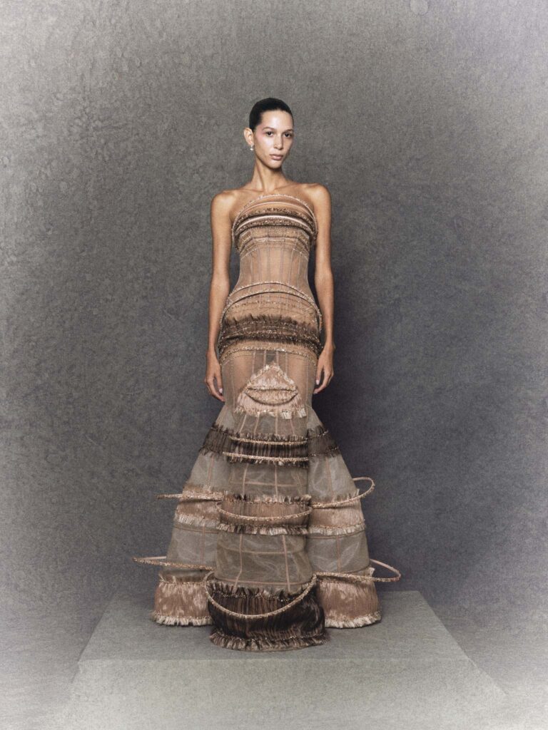 Brown Sculptural Mermaid Gown in Pleated Mesh & Organza with Crystal ...