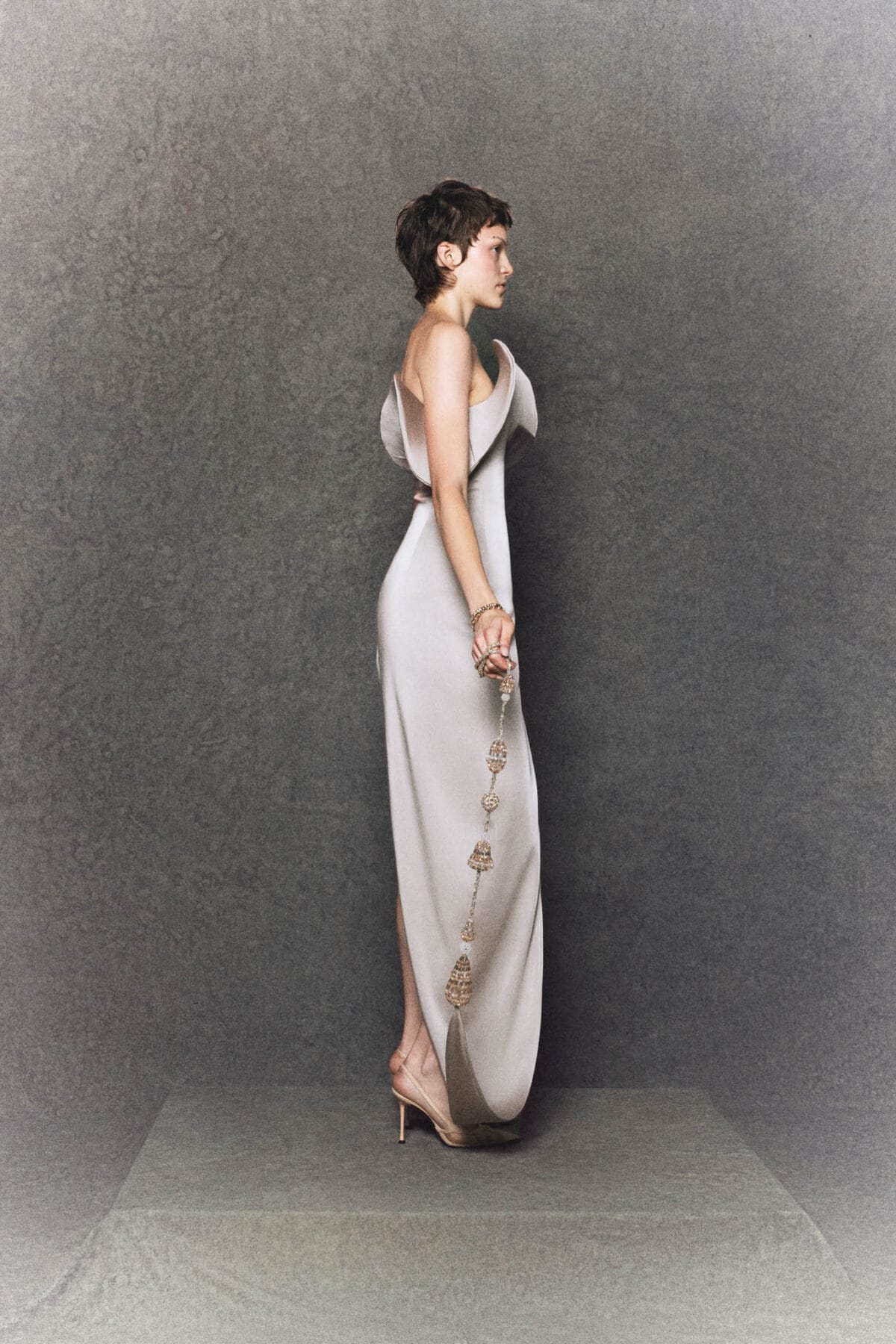 Asymmetric Gray Silk Gown with Crystal-Embellished Bust, High Slit ...